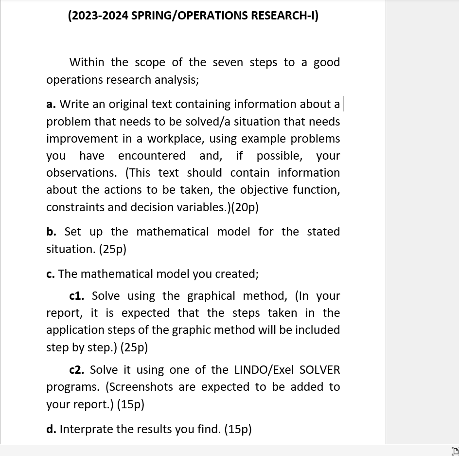 Solved (2023-2024 ﻿SPRING/OPERATIONS RESEARCH-I)Within the | Chegg.com