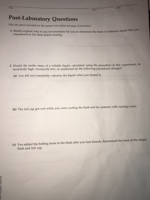Post-Laboratory Questions (use the spaces provided | Chegg.com