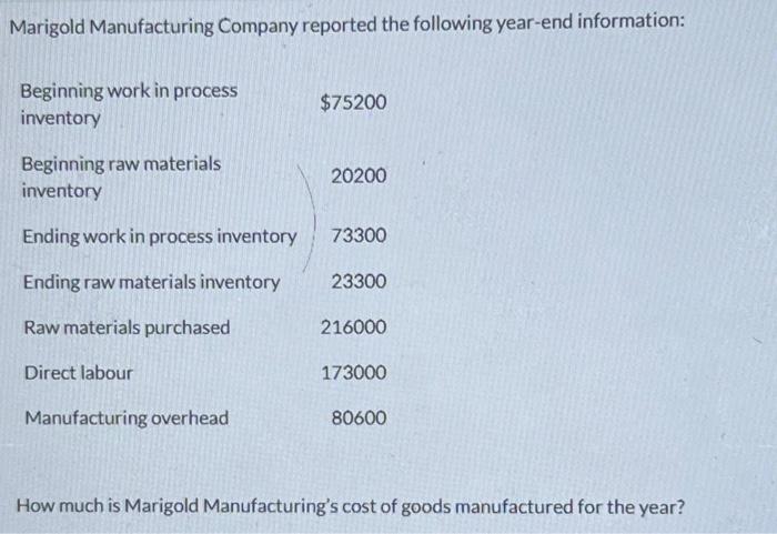 Solved Marigold Manufacturing Company reported the following | Chegg.com