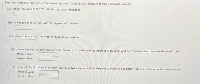Solved Find the t value(s) for each of the following cases. | Chegg.com