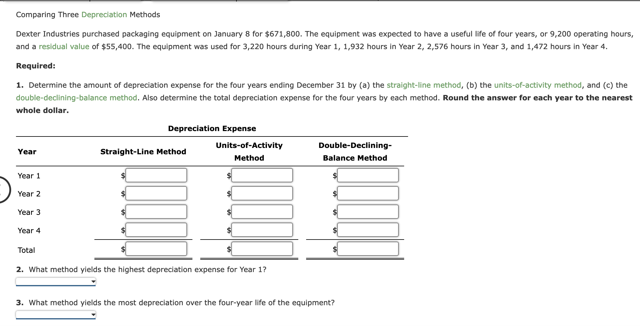 Solved Comparing Three Depreciation MethodsDexter Industries | Chegg.com