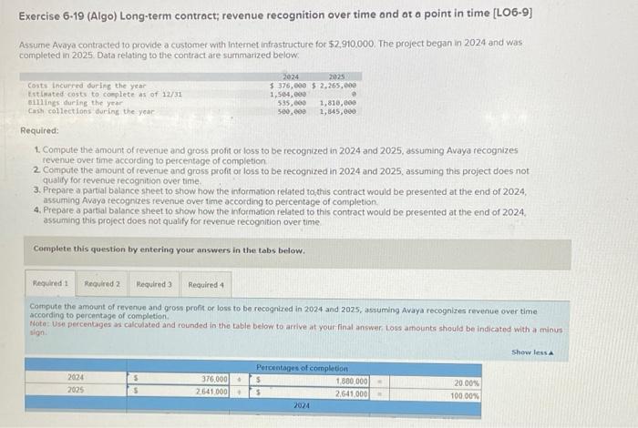 Solved Exercise 6-19 (Algo) Long-term contract; revenue | Chegg.com