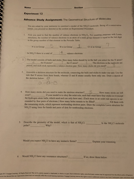 Solved Name Section Experiment 13 Advance Study Assignment: | Chegg.com