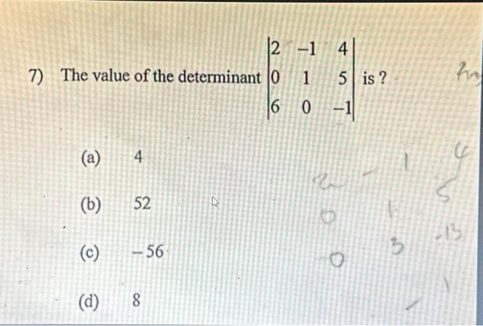 Solved 7) The value of the determinant ∣∣206−11045−1∣∣ is? | Chegg.com