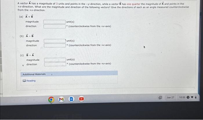 Solved A vector A has a magnitude of 3 units and points in | Chegg.com