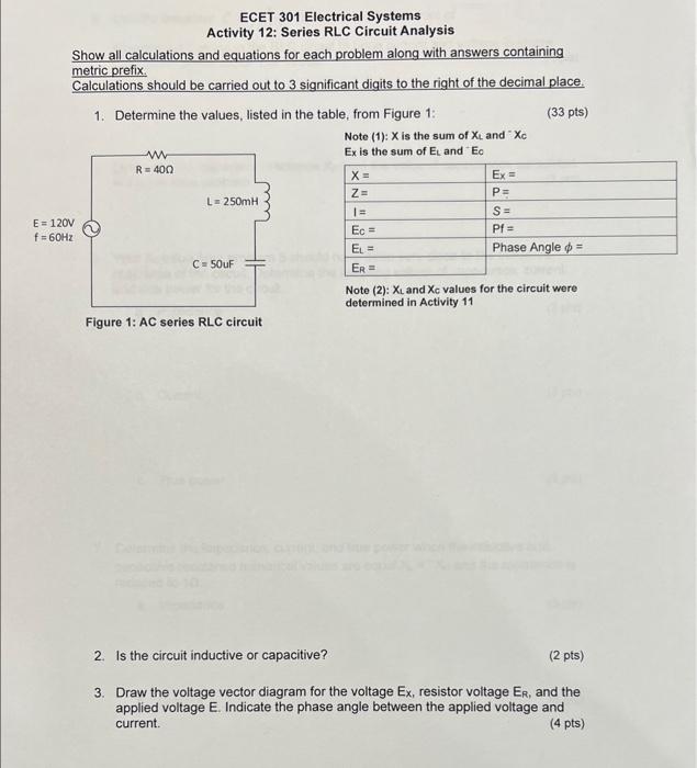 Solved ECET 301 Electrical Systems Activity 12: Series RLC | Chegg.com