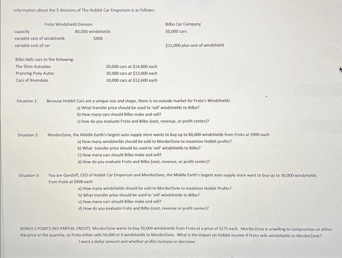 Solved Information about the 2 divisions of The Hobbit Car | Chegg.com