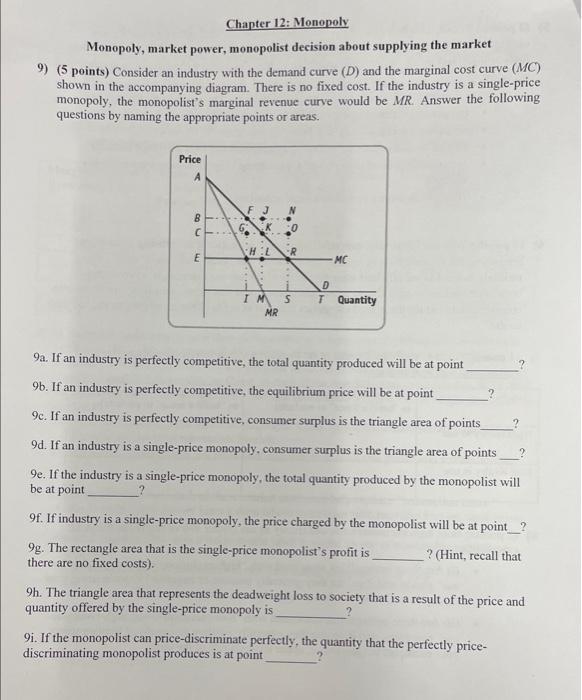 Solved 9) (5 points) Consider an industry with the demand | Chegg.com