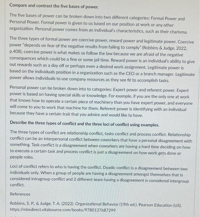 Compare and contrast the five bases of power. The | Chegg.com