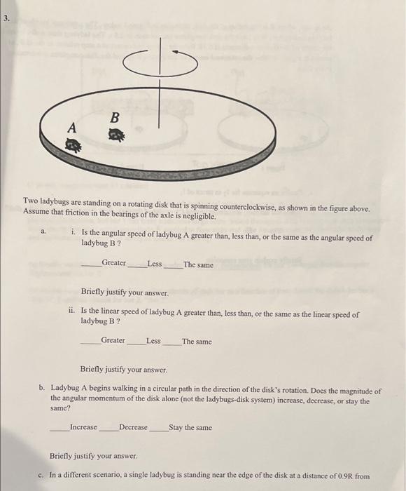Solved 3. ch B А Two ladybugs are standing on a rotating | Chegg.com