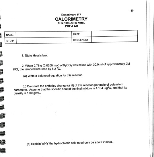 51 CALORIMETRY CHM 104SLICHM 1046L OBJECTIVES In this | Chegg.com