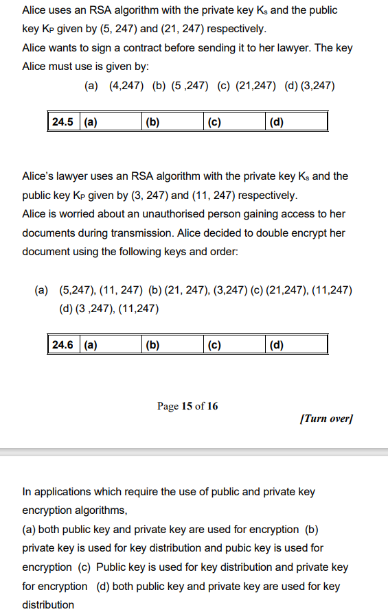 Solved Alice uses an RSA algorithm with the private key Ks | Chegg.com