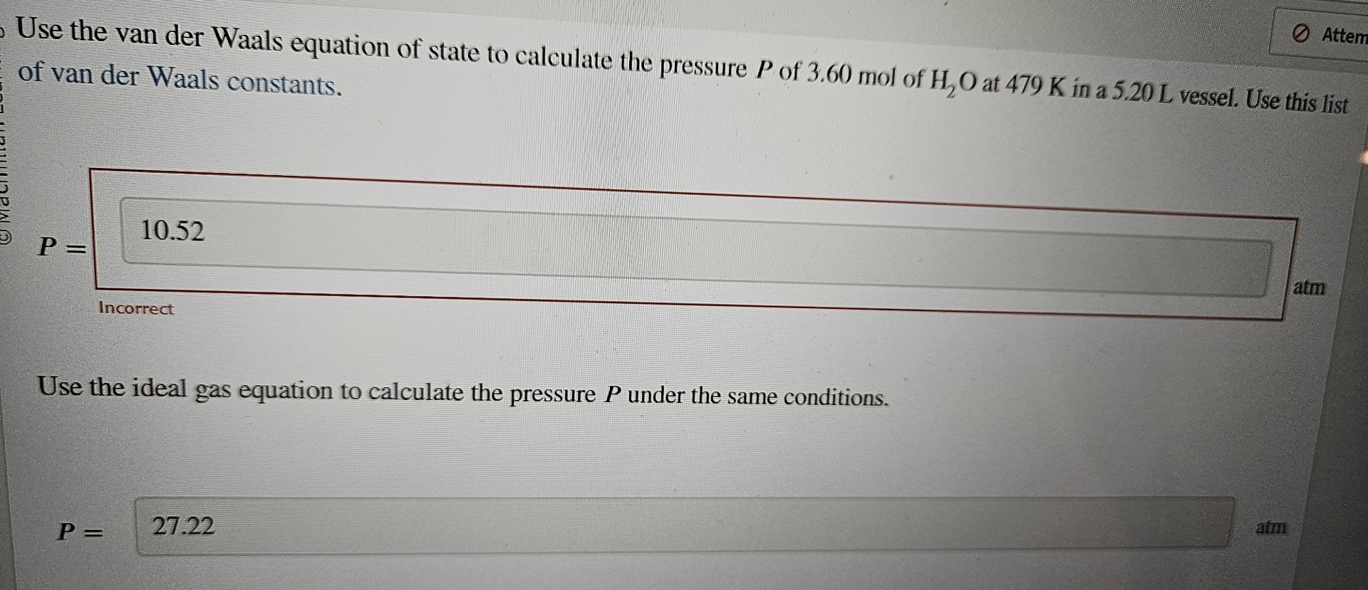 Solved Use the van der Waals equation of state to calculate | Chegg.com