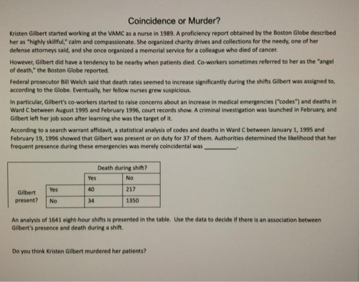 Solved Coincidence or Murder? Kristen Gilbert started | Chegg.com