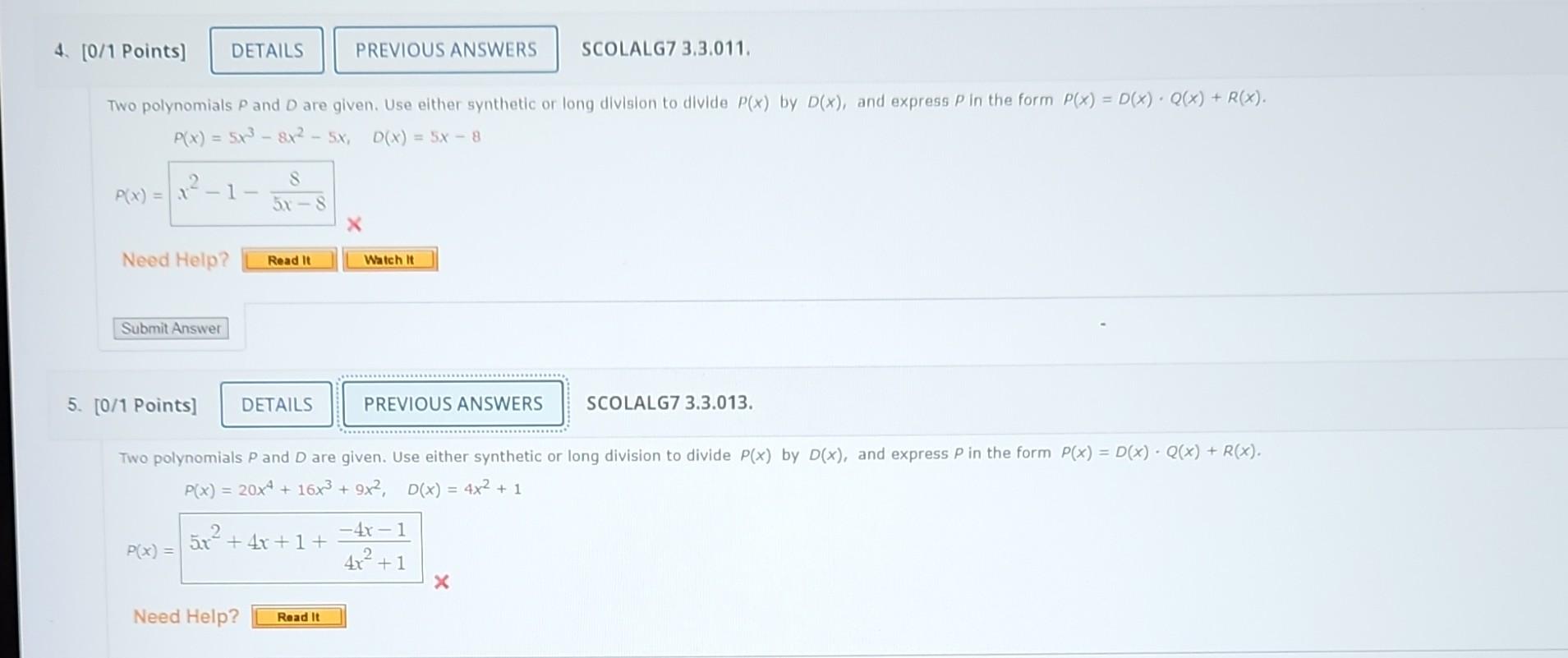 Solved Two polynomials P and D are given. Use either | Chegg.com