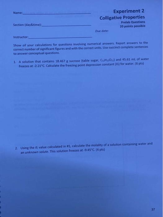 Solved Name: Experiment 2 Colligative Properties Prelab | Chegg.com