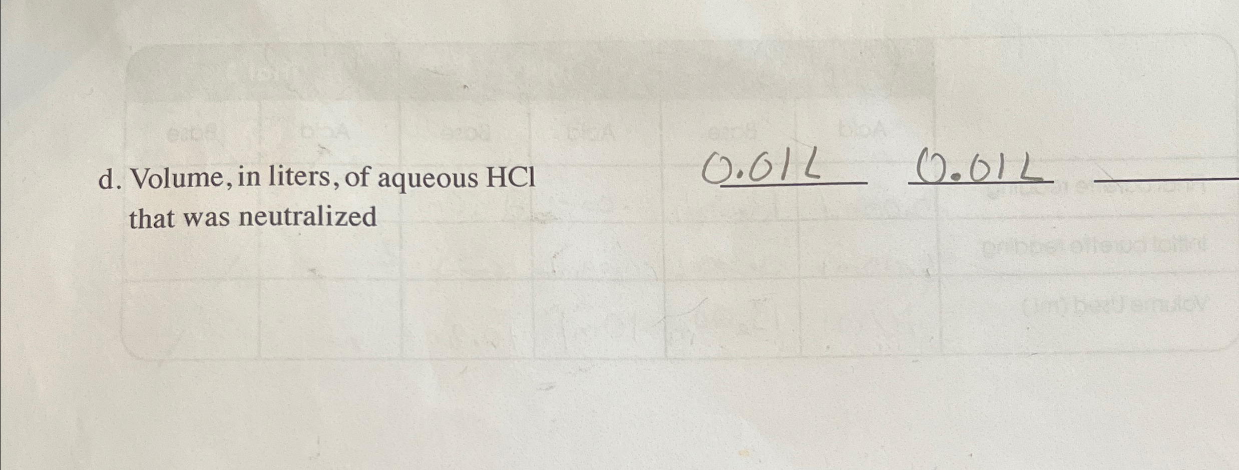 d. ﻿Volume, in liters, of aqueous HCl 0.01L,0.01L | Chegg.com