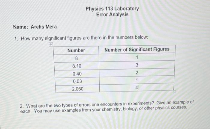 Solved Physics 113 Laboratory Error Analysis Name: Arelis | Chegg.com