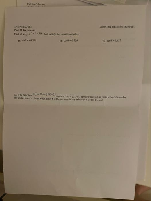Solved GSE PreCalculus Solve Trig Equations Handout Name | Chegg.com