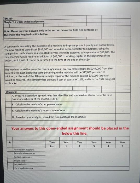 Solved FIN 310 Chapter 11 Open-Ended Assignment Note: Please | Chegg.com