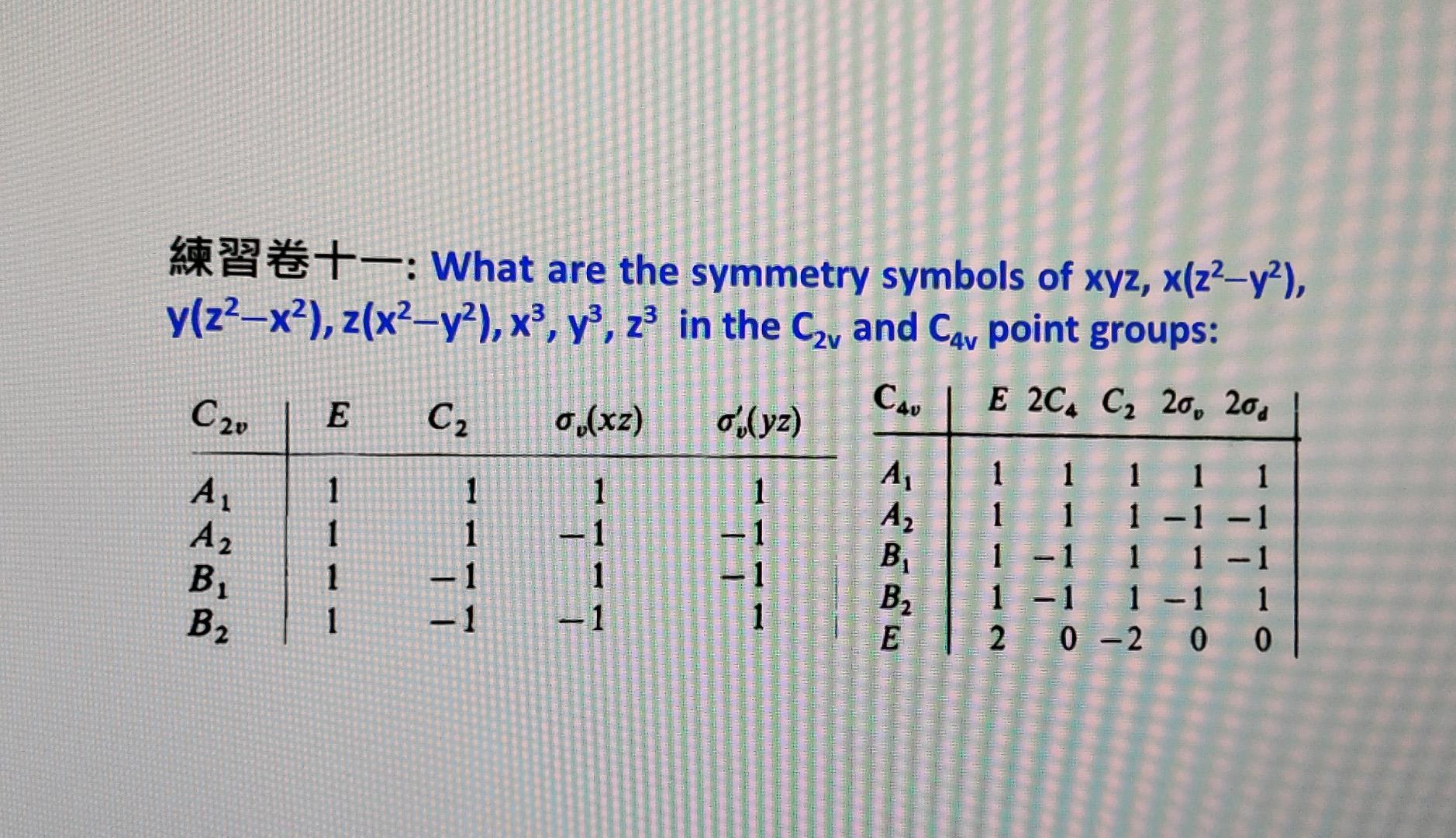 Solved +: What are the symmetry symbols of xyz, x(z²-y²), | Chegg.com
