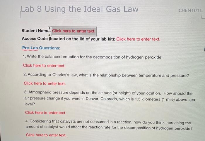 Solved Lab 8 Using the Ideal Gas Law CHEM1014 Student Name: | Chegg.com