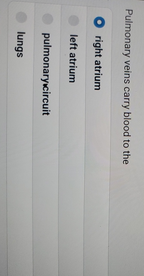 Solved Pulmonary veins carry blood to theright atriumleft | Chegg.com