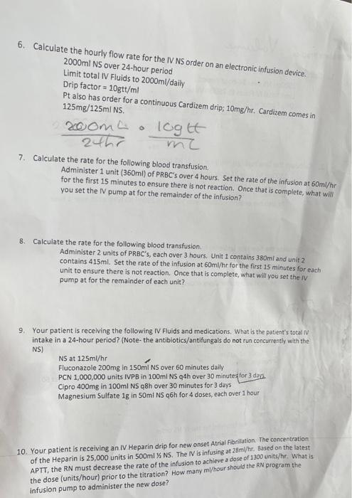 Solved 6. Calculate the hourly flow rate for the IV NS order | Chegg.com