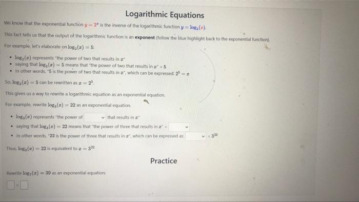 Solved Logarithmic Equations We know that the exponential | Chegg.com