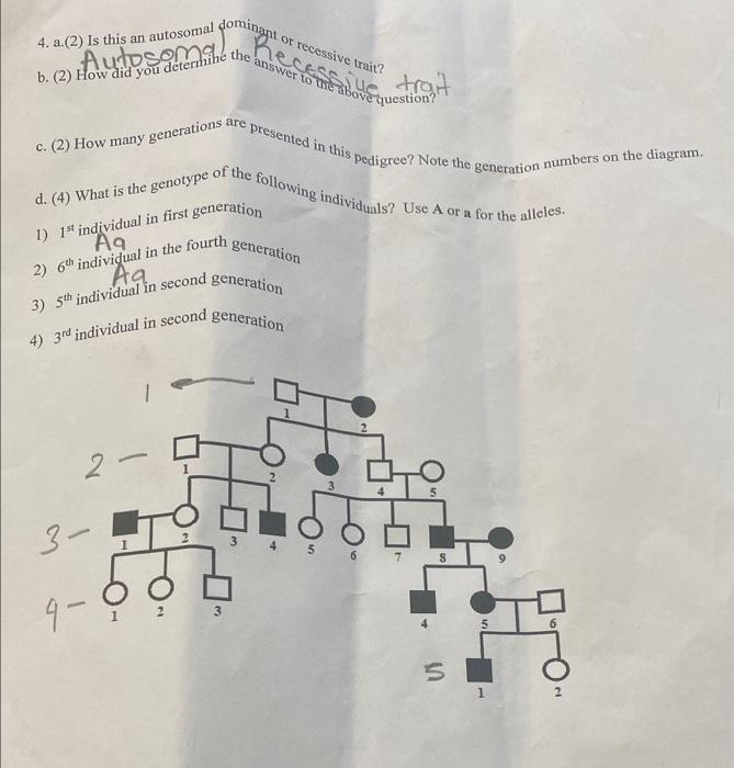 Solved 4. a.(2) Is this an autosomal dominat or recessive | Chegg.com