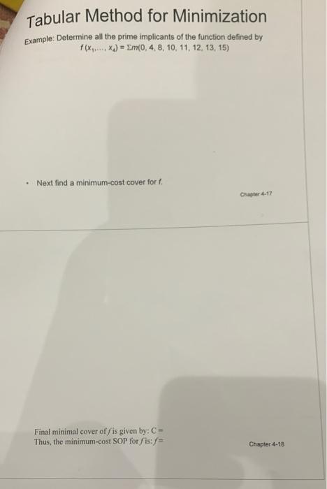 Solved Tabular Method for Minimization Example: Determine | Chegg.com