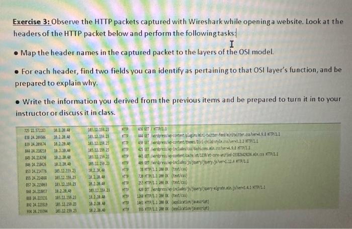 Solved Exercise 3: Observe the HTTP packets captured with | Chegg.com
