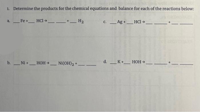Solved 1. Determine the products for the chemical equations | Chegg.com