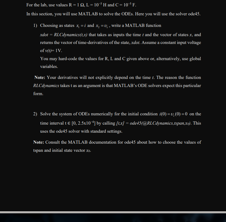 Solved For the lab, use values R=1Ω,L=10-5H ﻿and C=10-5F.In | Chegg.com