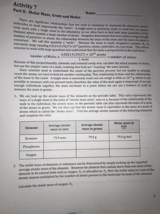 Solved Activity 7 Part II. Molar Mass, Gram and Moles Name | Chegg.com