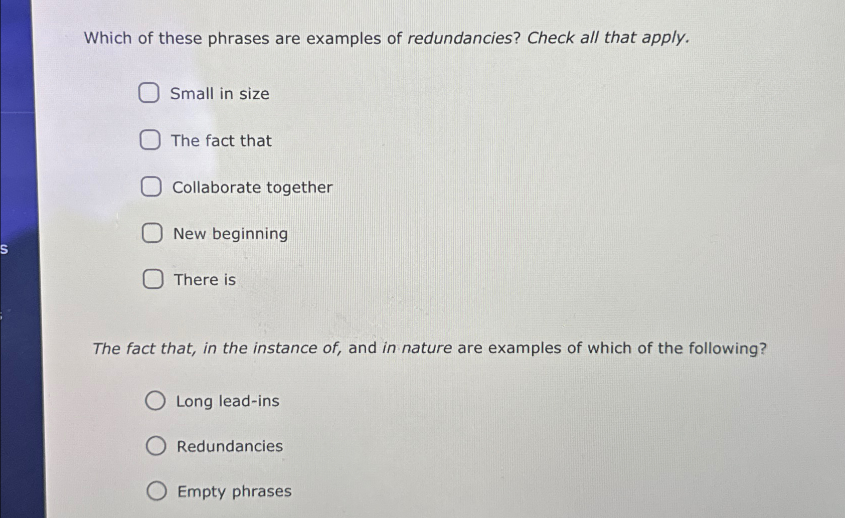 Solved Which of these phrases are examples of redundancies? | Chegg.com