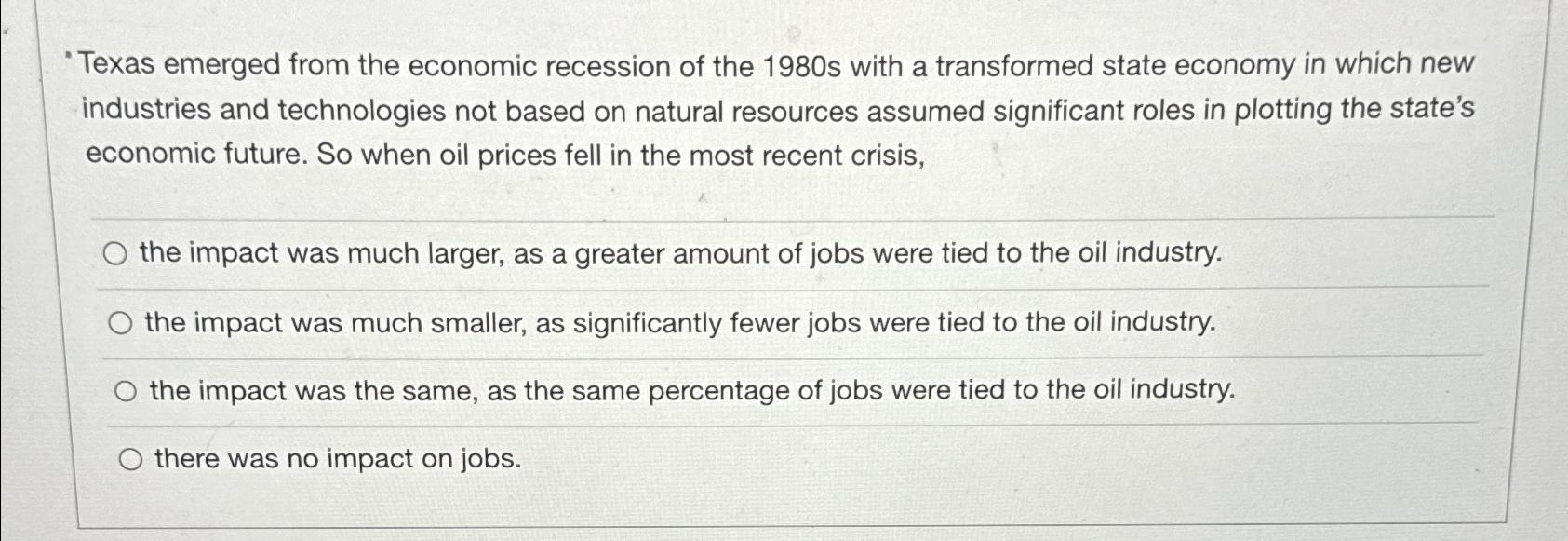 Solved Texas emerged from the economic recession of the | Chegg.com