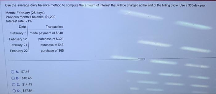 Solved Use the average daily balance method to compute the | Chegg.com