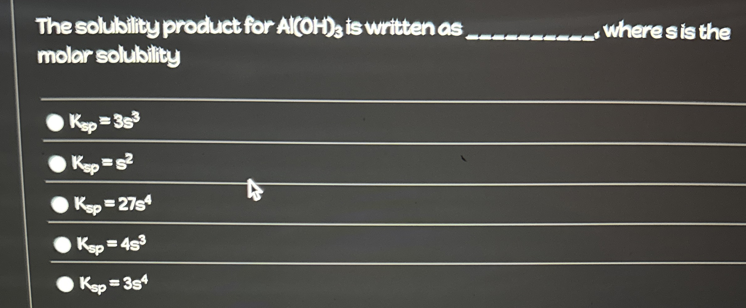 Solved The solubility product for A(CH)3 ﻿is wituten as q, | Chegg.com
