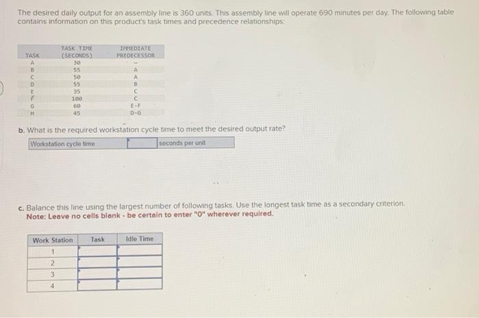 Solved The desired daily output for an assembly line is 360 | Chegg.com