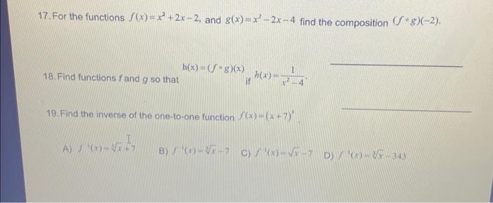 Solved 17. For the functions f(x)=x2+2x−2, and g(x)=x2−2x−4 | Chegg.com