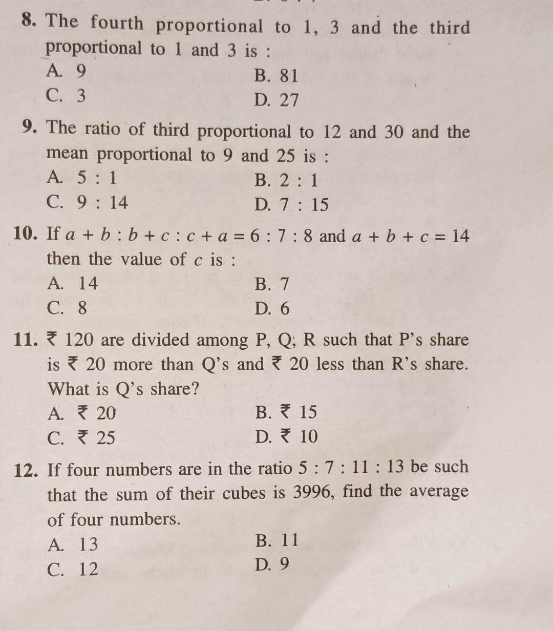 Solved 8. The fourth proportional to 1, 3 and the third | Chegg.com