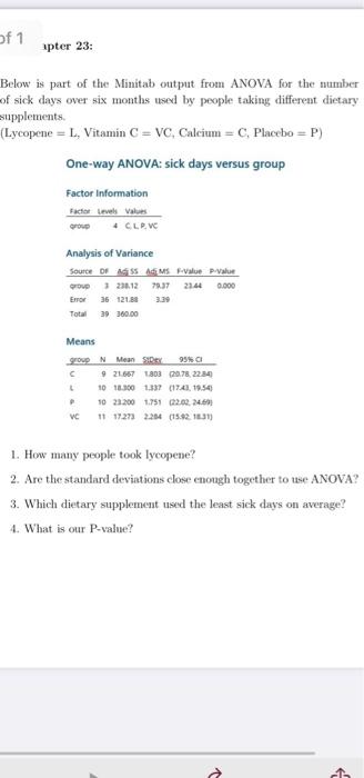 Solved Below is part of the Minitab output from ANOVA for | Chegg.com