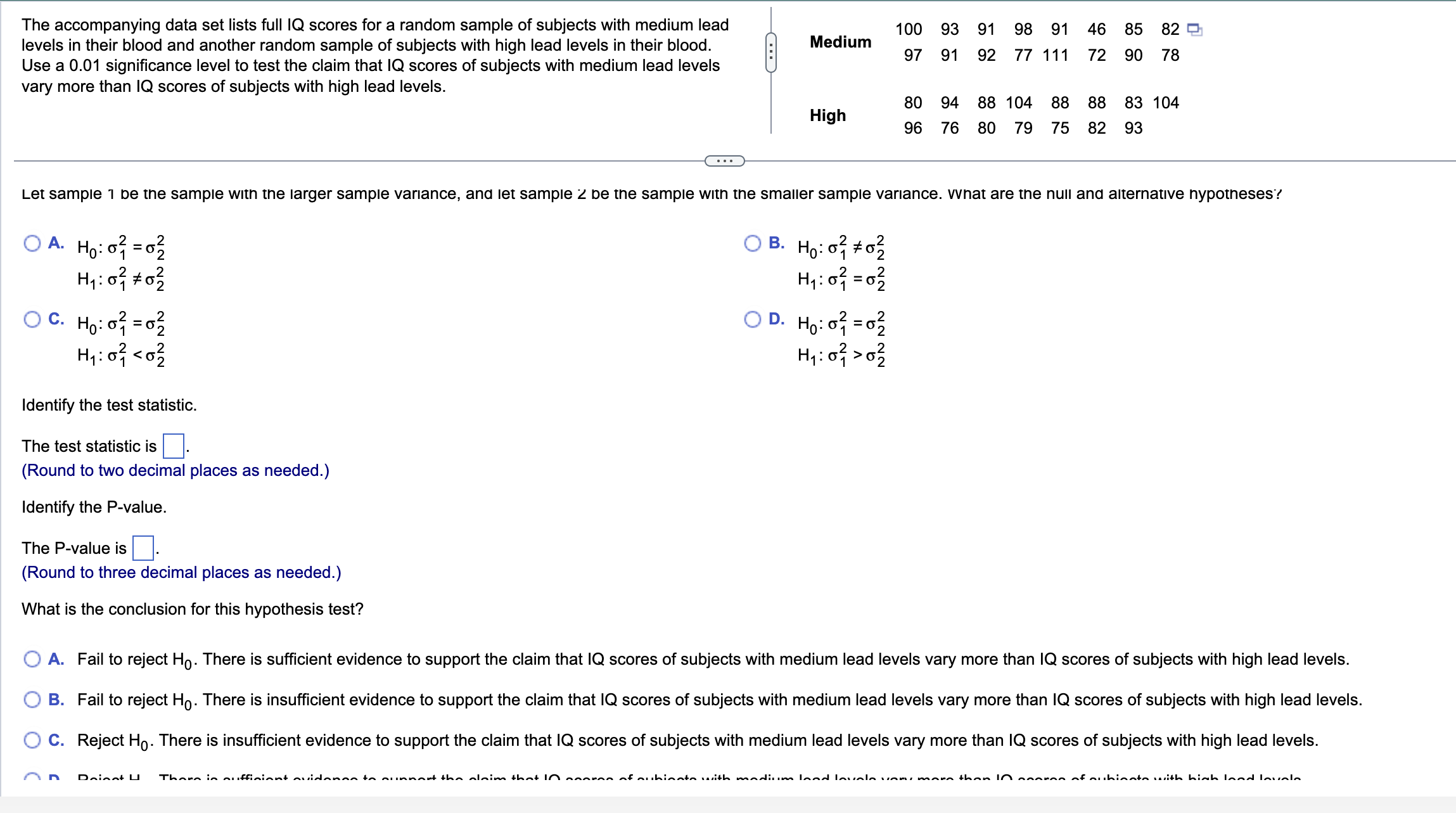 Solved The accompanying data set lists full IQ scores for a | Chegg.com
