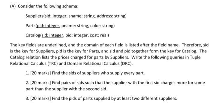 Solved (A) Consider the following schema: Suppliers(sid: | Chegg.com