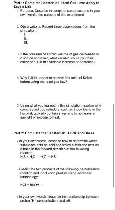 Part 1: Complete Labster lab: Ideal Gas Law: Apply to | Chegg.com