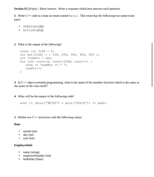 Solved Section II (20 pts)- Short Answer. Write a response | Chegg.com