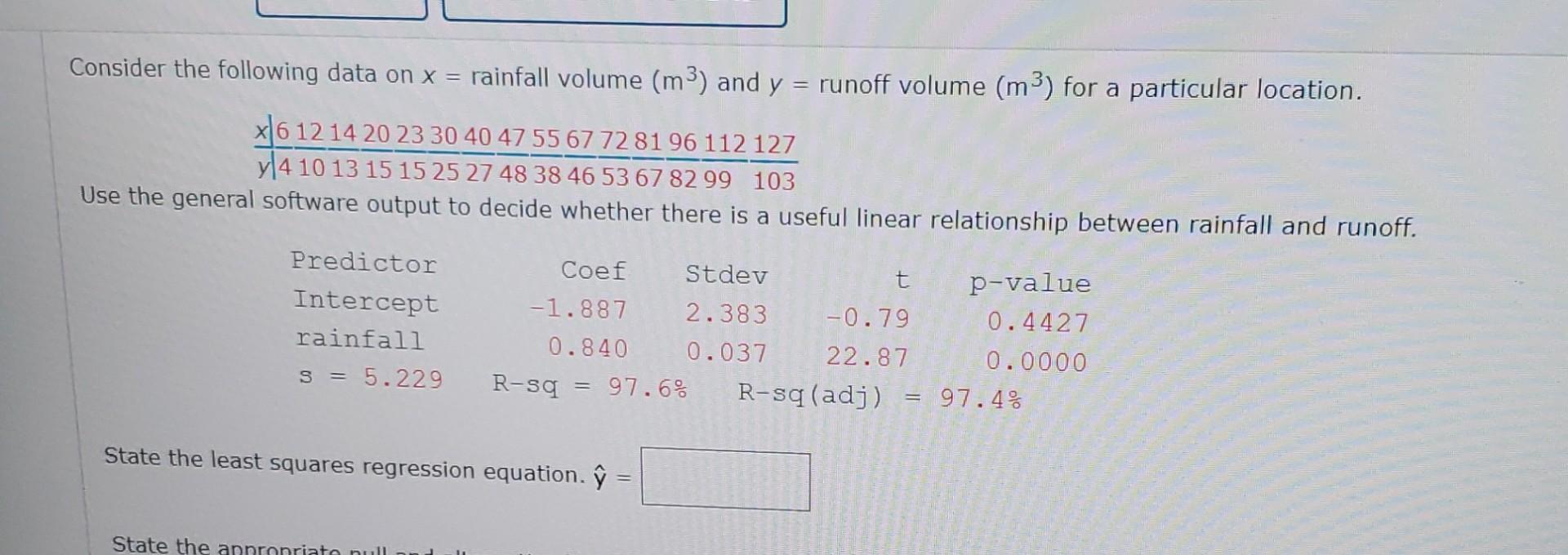 Solved onsider the following data on x= rainfall volume (m3) | Chegg.com