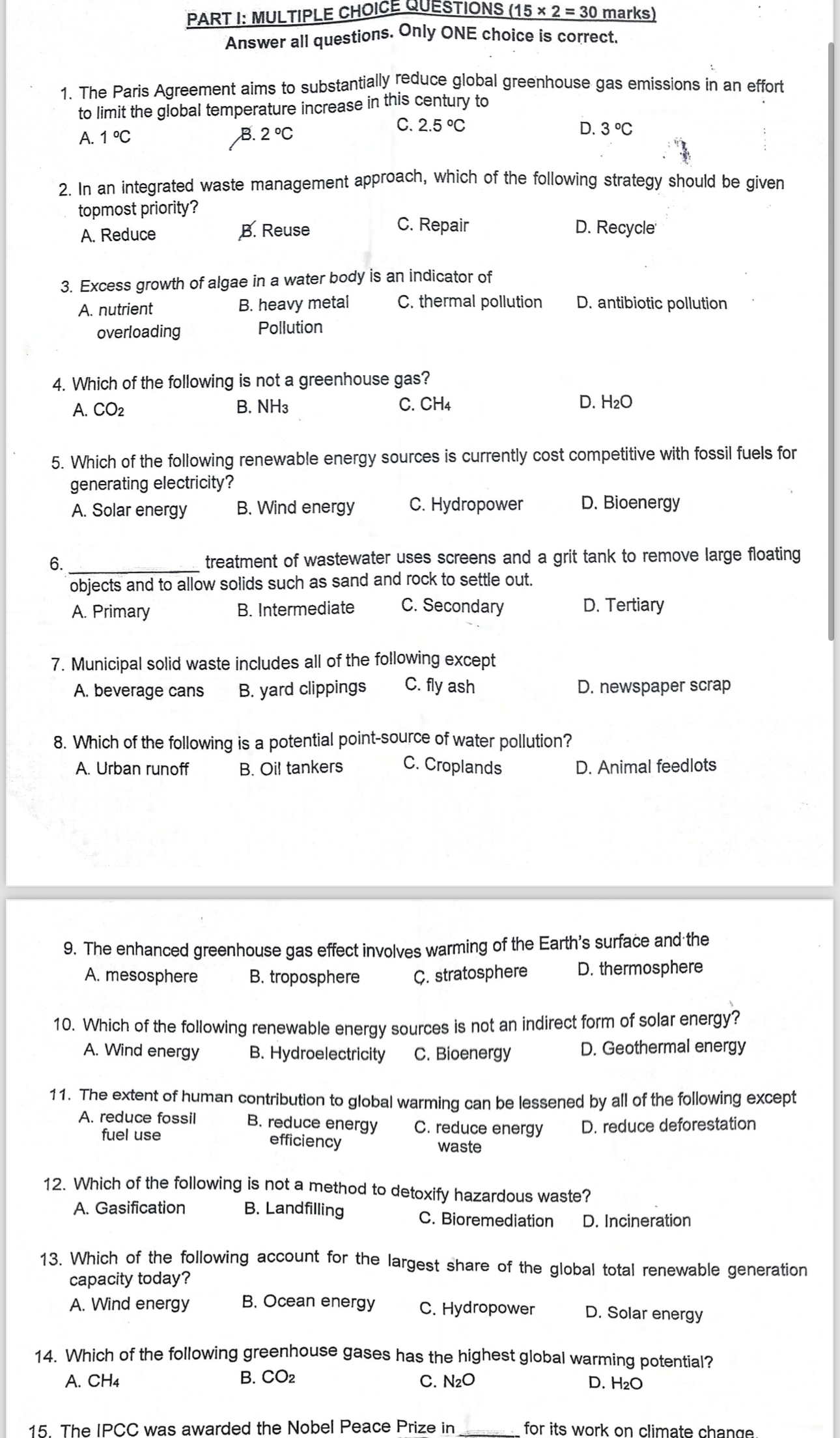 Solved PART I: MULTIPLE CHOICE QUESTIONS marks)Answer all | Chegg.com
