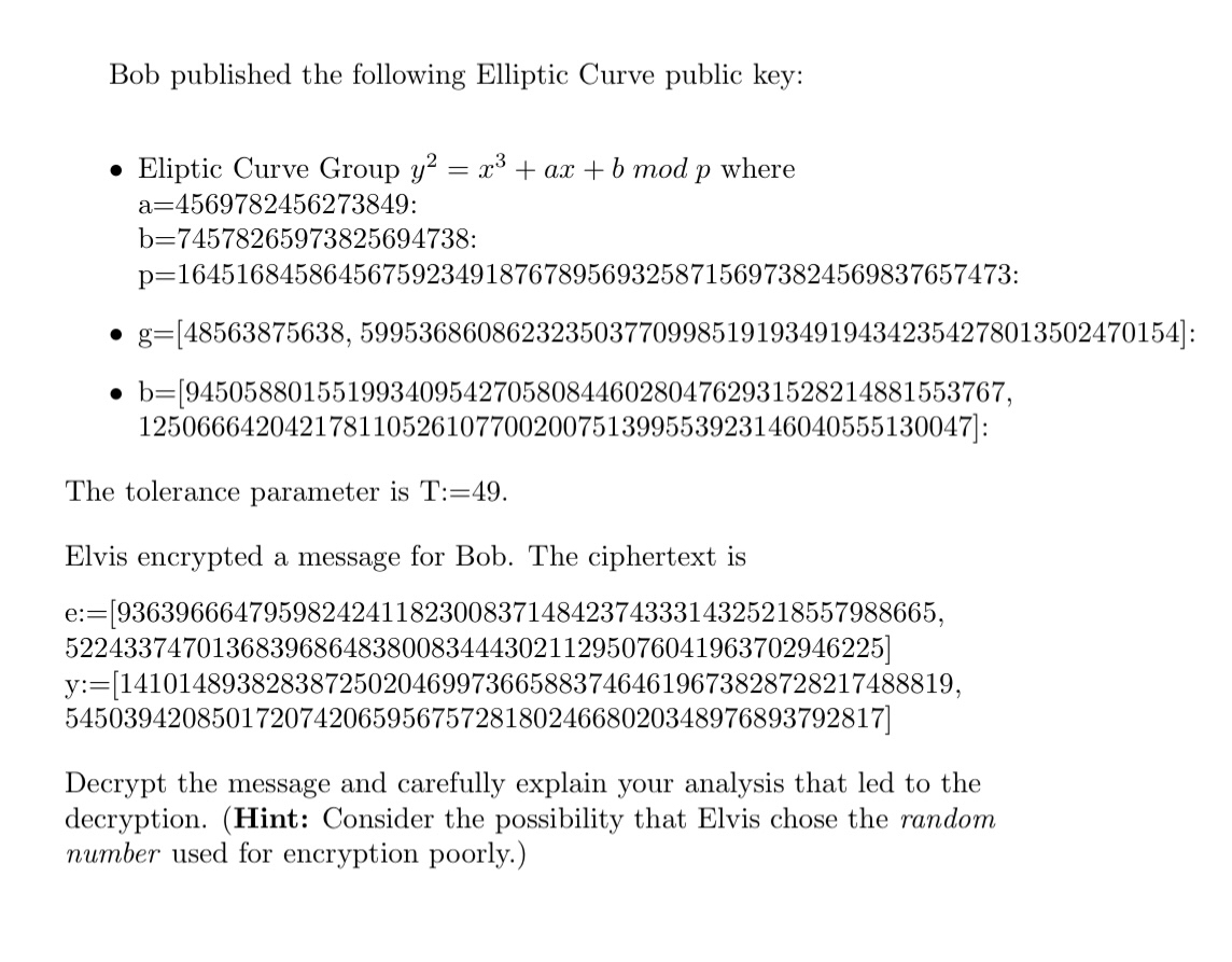 Solved Bob published the following Elliptic Curve public | Chegg.com